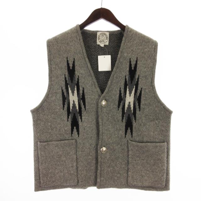 【中古】未使用品 ジオトロワーク GEO TROWARK タグ付き ニット ベスト ジレ 前開き チマヨ柄 ウール混 グレー S