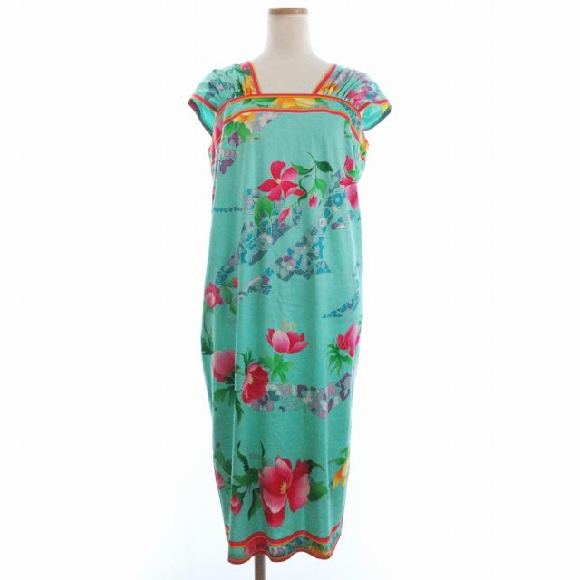 【中古】レオナール LEONARD ワンピース ノースリーブ 花柄  コットン ターコイズブルー L ■ECT レディース