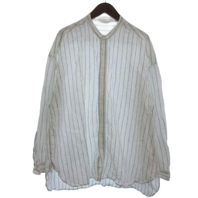 【中古】アーツ&サイエンス 美品 25SS バンドカラー シャツ リネン 長袖 ストライプ 白 ホワイト ネイビー 3