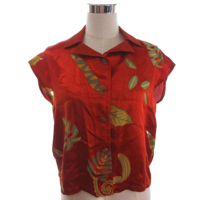 【中古】アルベロベロ ALBEROBELLO olleborebla フレンチスリーブ シャツ ブラウス ボタニカル柄 朱色系 レディース
