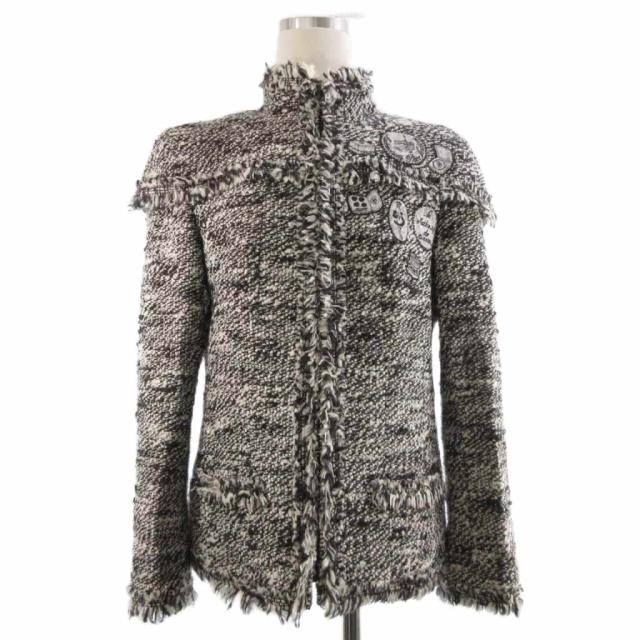 【中古】シャネル CHANEL メイクアップ ジャケット ジップアップ ツイード ワッペン フリンジ 黒 白 40 L相当
