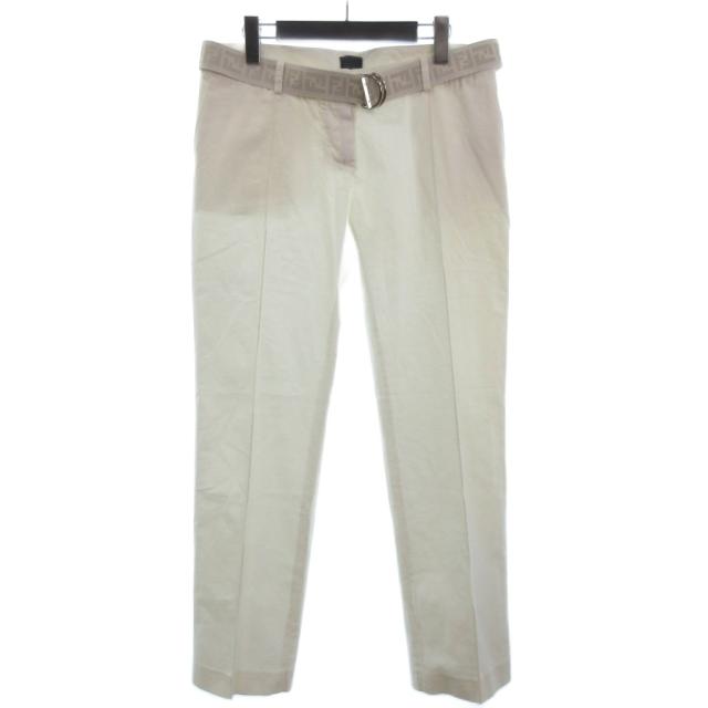 【中古】未使用品 フェンディ FENDI ピンタック ストレート パンツ ストレッチ ズッカ柄ベルト付き ホワイト 44 XL位