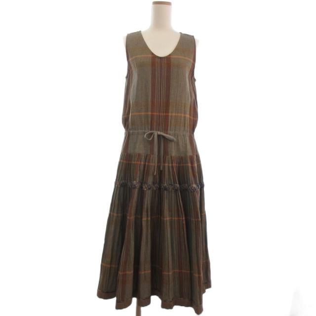 【中古】ピンクハウス ノースリーブ ワンピース ジャンパースカート チェック プリーツ ブラウン系 レディース