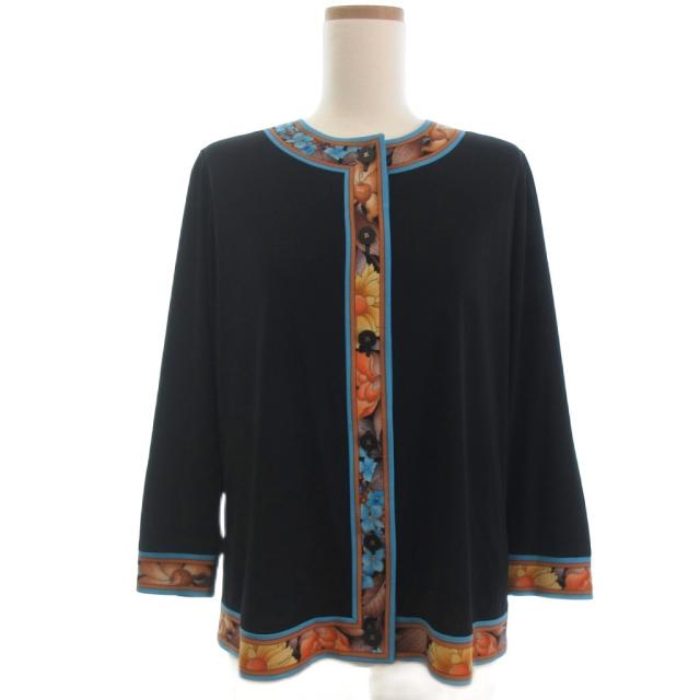 【中古】レオナール LEONARD トリム ジャケット カーディガン 花柄 黒 ブラック M ■ECT レディース