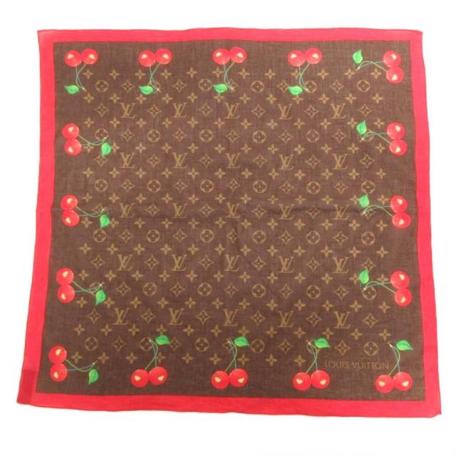 【中古】ルイヴィトン 村上隆 モノグラム チェリー スカーフ ハンカチーフ コットン ブラウン レッド系  レディース