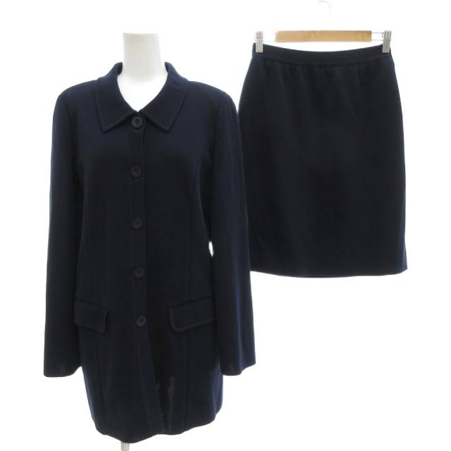 【中古】フォクシー FOXEY セットアップ ニット ジャケット スカート 42 レース イージー ひざ丈 紺 ネイビー /AE