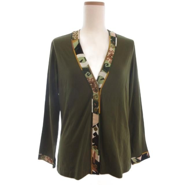 【中古】レオナールスポーツ LEONARD SPORT カットソー素材 Vネック カーディガン 長袖 カーキ系 40 L位 ■ECT