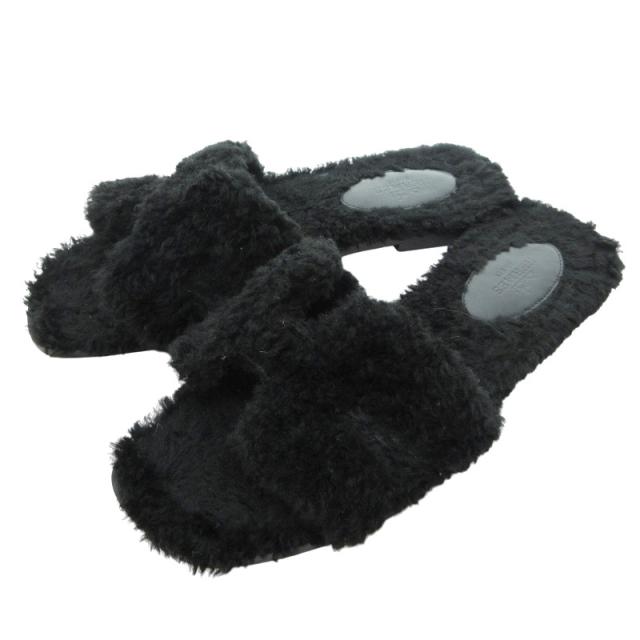 【中古】エルメス HERMES オラン ムートン サンダル ミュール Hロゴ フラット ボア レザー 黒 ブラック 約23cm