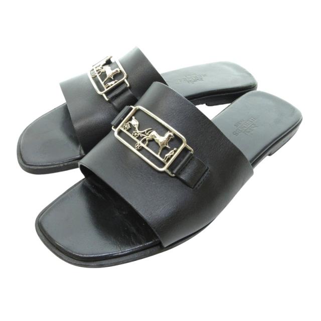 【中古】エルメス HERMES ヴァンセンヌ サンダル ミュール フラットシューズ 馬車金具 カーフレザー 黒 約23〜23.5cm