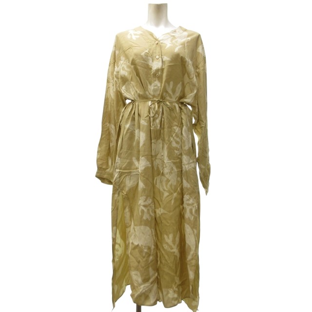 【中古】未使用品 ライト WRYHT タグ付き 21SS ワンピース ロング Vネック 長袖 ベルテッド 総柄 ベージュ 2 約M