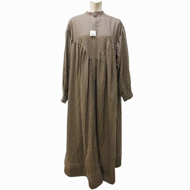 【中古】未使用品 ライト WRYHT タグ付き 21AW PLEATED NIGHT DRESS シャツワンピース ロング ギャザー 茶 2 約M