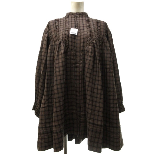 【中古】未使用品 ライト WRYHT タグ付き 21AW PLEATED NIGHT TOPS シャツ ブラウス ギャザー 長袖 茶 2 約M