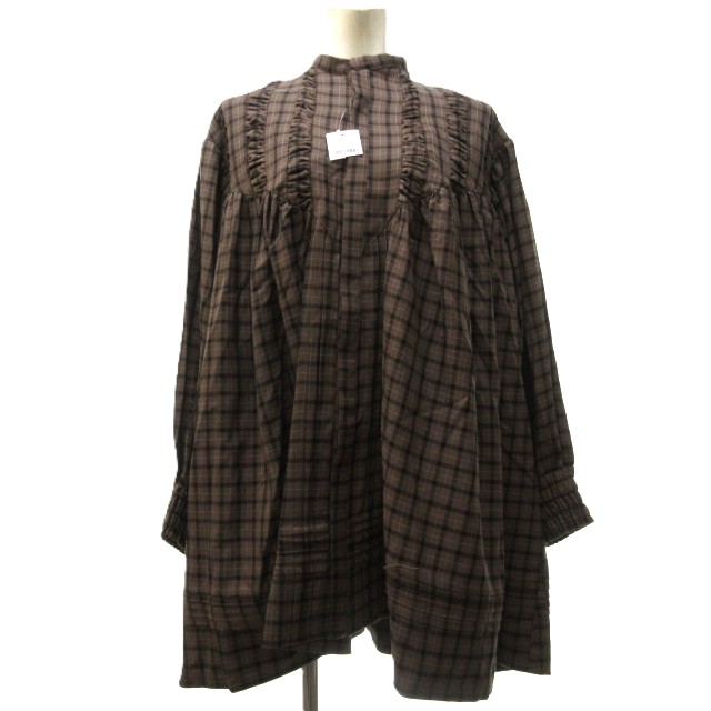 【中古】未使用品 ライト WRYHT タグ付き 21AW  PLEATED NIGHT TOPS シャツ ブラウス ギャザー 長袖 茶 1 約S