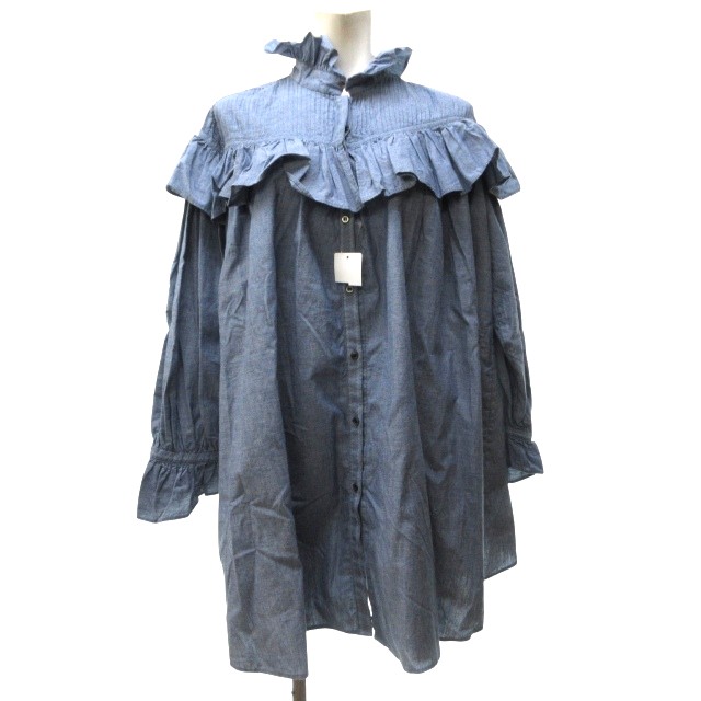 【中古】ライト WRYHT タグ付き 24SS シャツ ブラウス フリル ピンタック 刺繍 長袖 インディゴブルー 2 約M
