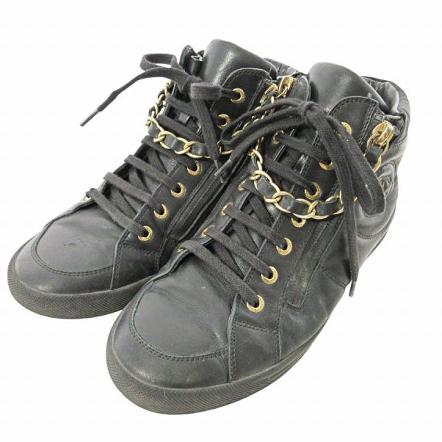 【中古】シャネル CHANEL オールレザー チェーン スニーカー ココマーク 35 22cm ブラック 黒 0709 IBO73