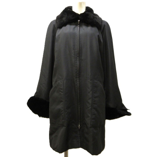 【中古】ランバン LANVIN COLLECTION ラビットファー コート ジャケット ナイロン 黒 ブラック 40 約M IBO73