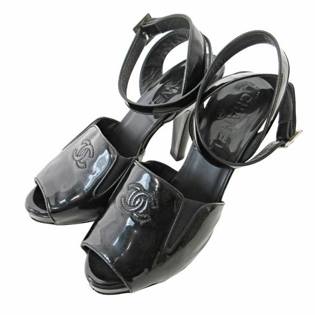 【中古】シャネル CHANEL ココマーク ステッチ サンダル エナメル アンクルストラップ ハイヒール 34 21cm ブラック