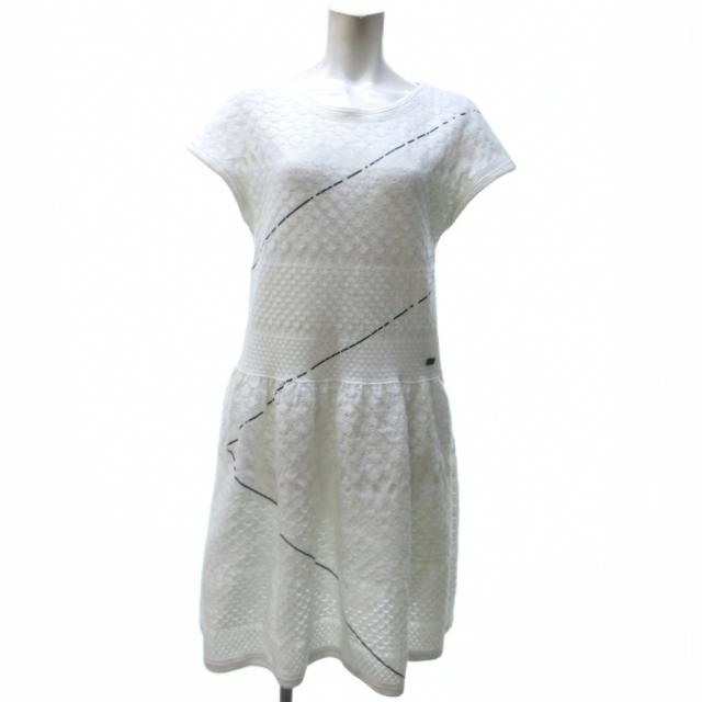 【中古】シャネル CHANEL 12SS チュールワンピース ひざ丈 フレア ココマークプレート 白 ホワイト ■MNK1