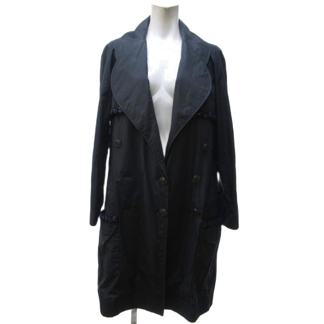 【中古】シャネル CHANEL ツイード トリム トレンチコート ロング ココマークボタン 紺 36 約S P48056V35925