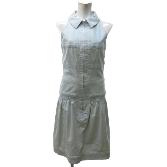 【中古】シャネル 04P デニム ノースリーブワンピーワンピース ひざ丈 フレア ココマーク 水色系 P23017V13444