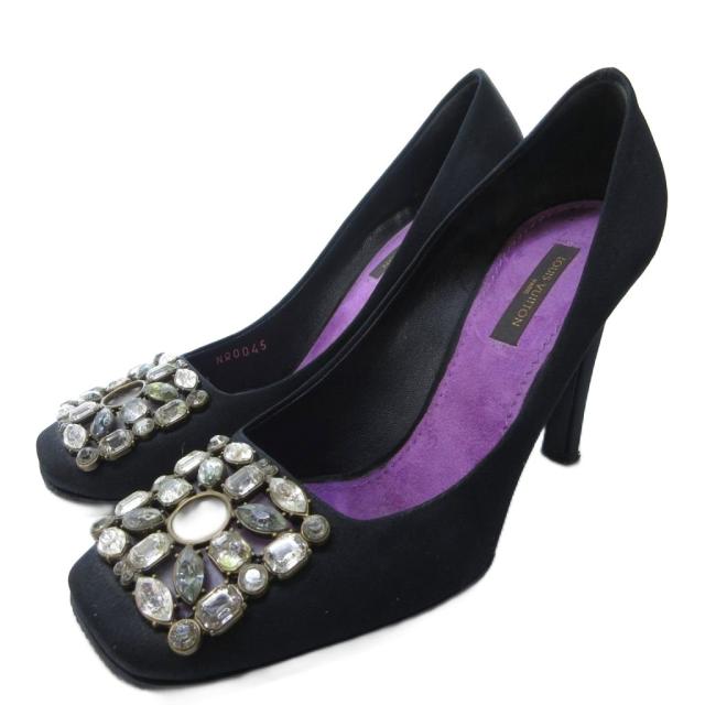 【中古】ルイヴィトン LOUIS VUITTON ビジュー スクエアトゥ パンプス ハイヒール 黒 ブラック 36 約23cm IBO81