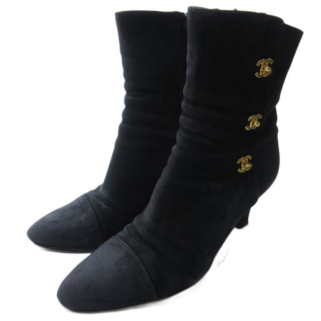 【中古】シャネル CHANEL スエード ココマーク ショートブーツ ブーティー ポインテッドトゥ ヒール 黒 約22.5cm
