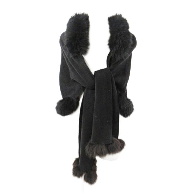 【中古】ランバン LANVIN コレクション COLLECTION フォックスファー ニット ショール 肩掛け ポンチョ 黒 1031