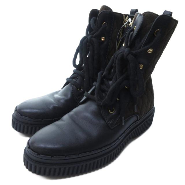 【中古】トッズ TOD'S ムートン切替 ブーツ キルティング レザー 茶 ブラウン 黒 ブラック 37 約24cm IBO59