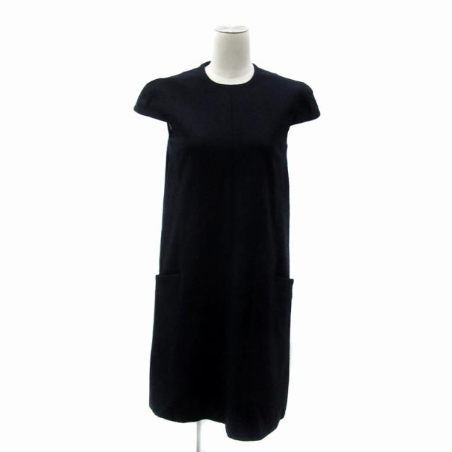 【中古】ヨーコチャン YOKO CHAN クルーネックキャップスリーブワンピース ひざ丈 無地 36 S 紺 YCD-415-211 IBO83