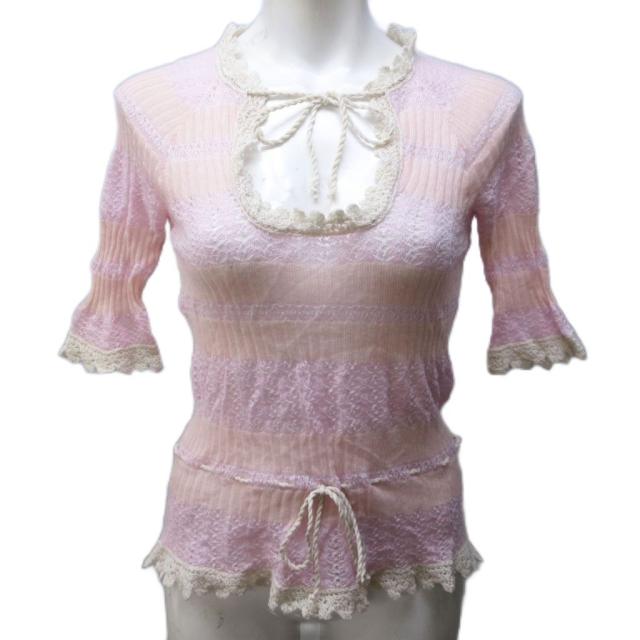 【中古】ルイヴィトン LOUIS VUITTON ニットカットソー カシミヤ フリル レース リボン ボーダー調 半袖 M IBO83