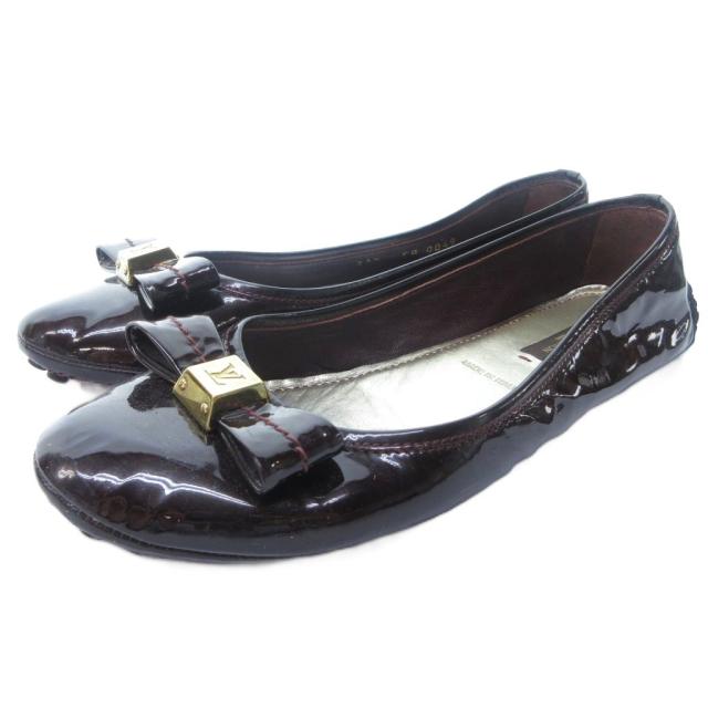 【中古】ルイヴィトン LOUIS VUITTON エナメル リボン LVロゴ ドライビングシューズ バレエシューズ 茶 約22.5cm