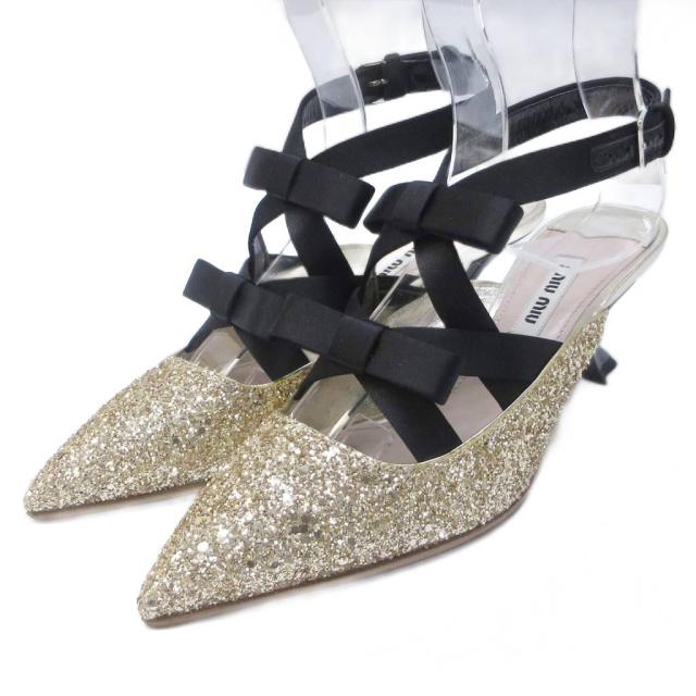 【中古】ミュウミュウ miumiu ミュール ラメ グリッター リボン アンクルストラップ ヒール 35 1/2 約22.5cm IBO83