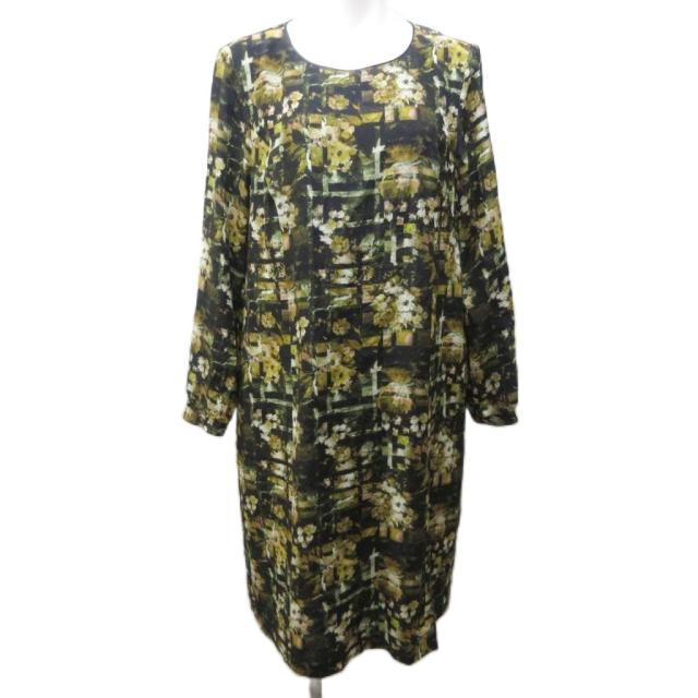 【中古】ロシャス ROCHAS Premiere シルク ワンピース 花柄 フラワー 転写プリント 長袖 ロング 13+ 約XL IBO84