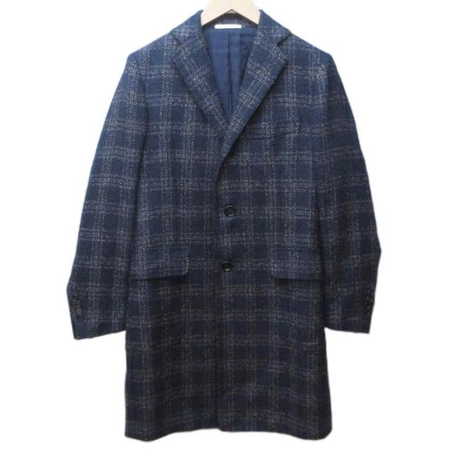 【中古】デ ペトリロ De Petrillo ツイード チェスターコート チェック ウール シルク混 本切羽 ロング 44 約S 紺