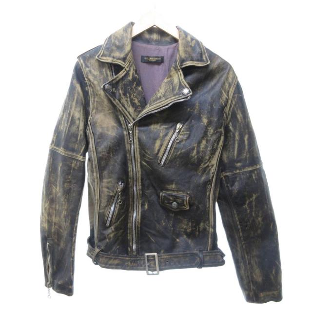 【中古】ゴールデングース GOLDEN  レザーバイカージャケット ヴィンテージ加工 本革 ブラック S IBO85