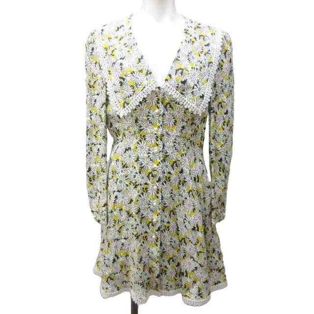 【中古】未使用品 ミュウミュウ タグ付 2021 ワンピース デイジー柄 花柄 切替 レース フリル 長袖 ひざ丈 38 約S