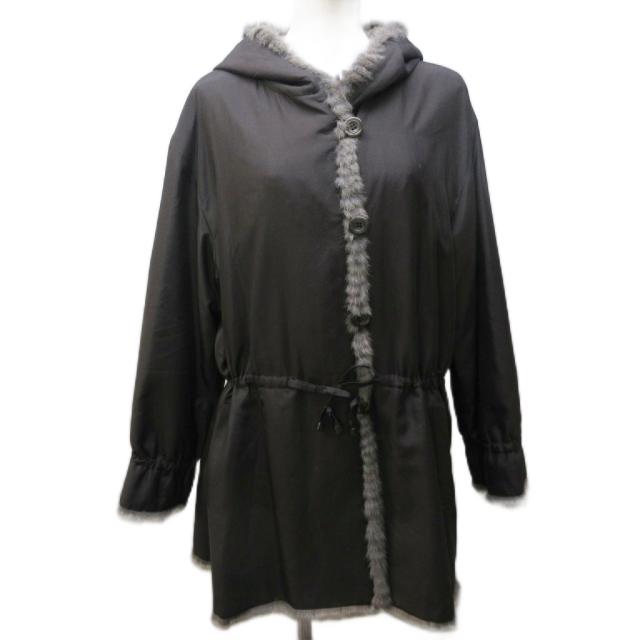 【中古】レリアン Leilian コート ジャケット シルク 裏地リスファー 毛皮 フード リバーシブル 9 約M ■MNK3