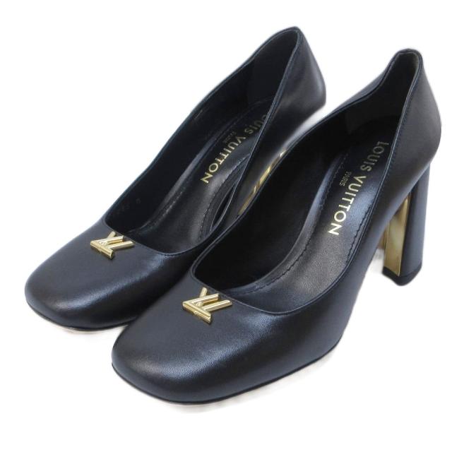 【中古】ルイヴィトン 25SS スウィング パンプス LVツイスト ロゴ 装飾 ラムレザー チャンキーヒール 37 1/2 約24.5cm