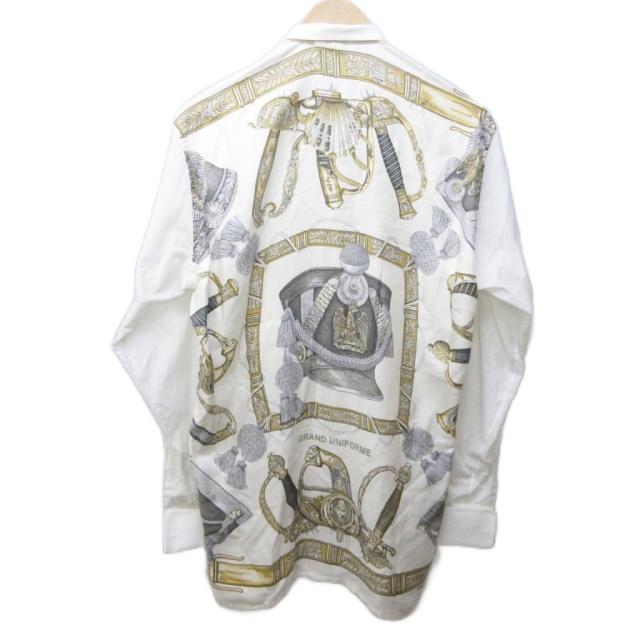 【中古】エルメス GRAND UNIFORME グランドユニフォーム ドレスシャツ 切替 スカーフ柄 総柄 ロング 39 約L ■MNK3
