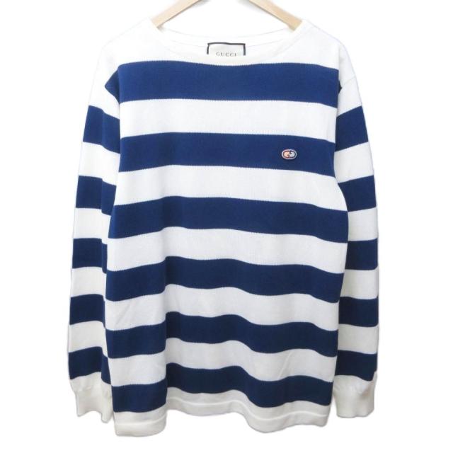 【中古】グッチ ニット カットソー ボーダー柄 GGロゴ ワッペン クルーネック 長袖 アップリケ XL 青白  ■MNK3
