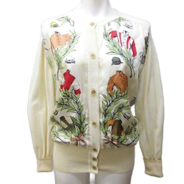 【中古】エルメス HERMES CHANTILLY 競馬場 ニット カーディガン 切替 スカーフ柄 シルク 40 約L ライトベージュ 系