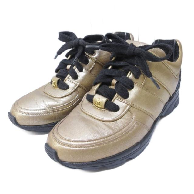 【中古】シャネル CHANEL スニーカー ココマーク レザー 切替 レースアップ 36 約23cm ゴールドカラー 系 ■MNK3