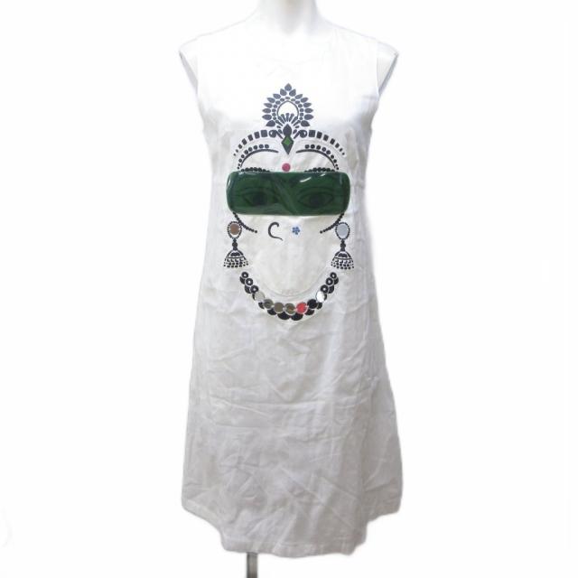 【中古】ミュウミュウ 05SS Archive ワンピース プリント パッチ ビジュー デザイン ノースリーブ ひざ丈 38 約S