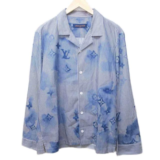 【中古】ルイヴィトン 21SS パジャマシャツ モノグラム ストライプ 開襟 長袖 RM211V DA2 HLS04W L 青 ブルー 系