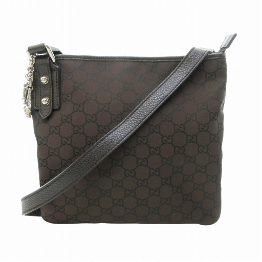 【中古】グッチ GUCCI GG ナイロンショルダーバッグ ロゴ柄 総柄 チャーム付き 茶 ブラウン 268620 1206 レディース