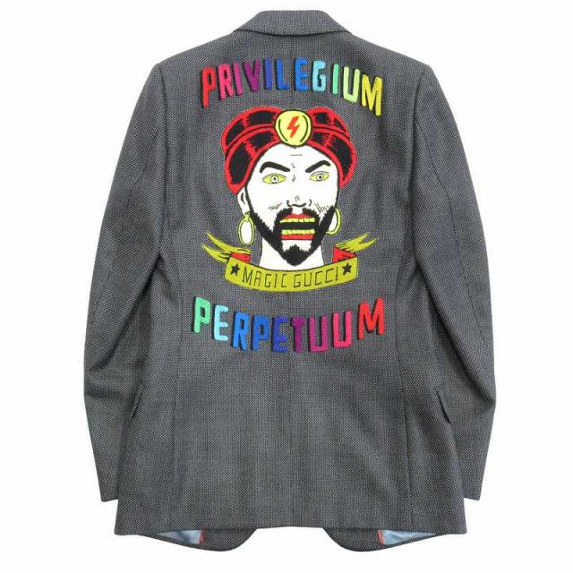 【中古】美品 18aw グッチ バックロゴ 刺繍 テーラード ジャケット ブレザー ピークドラペル ミケーレ期 7/44R■12