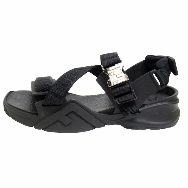 【中古】美品 フェンディ FENDI FFロゴ ズッカ柄 フロー サンダル シューズ FLOW ロゴ金具 靴 黒 シルバー メンズ