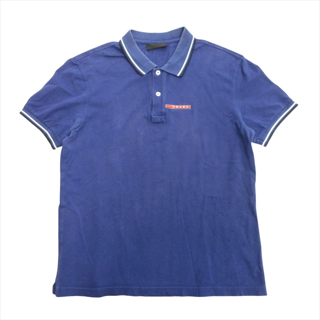 【中古】18ss プラダ PRADA スポーツロゴ ポロシャツ カットソー 鹿の子 ラバーロゴ プラダスポーツ L 青 ブルー