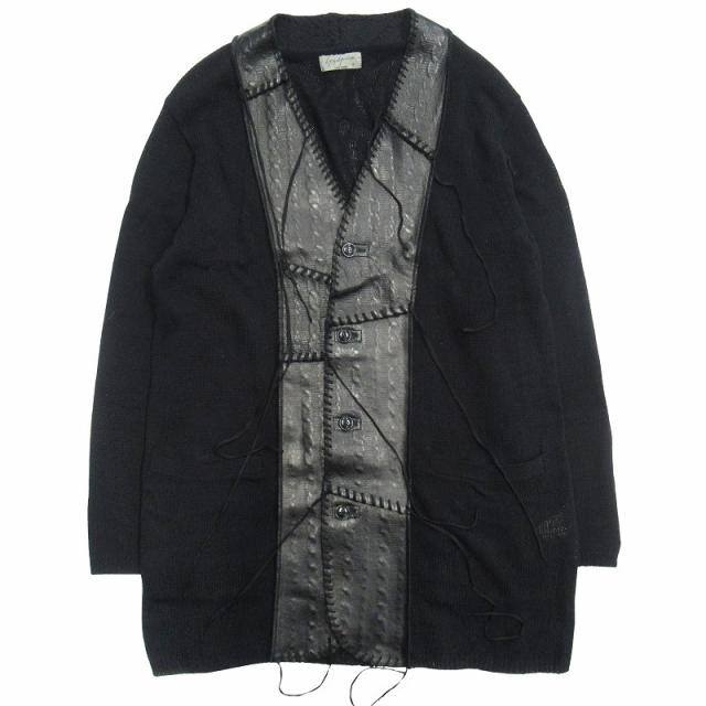 【中古】美品 19ss ヨウジヤマモトプールオム ボンディングレザーハギ カーディガン ケーブルエンボス ジャケット