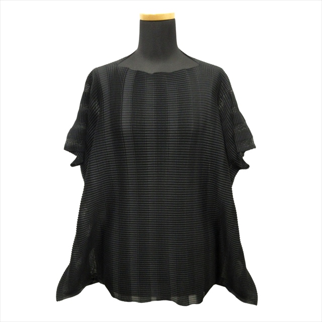 【中古】美品 19ss ミーイッセイミヤケ me ISSEY MIYAKE プリーツ加工 スクエア シアー カットソー Tシャツ ボーダー